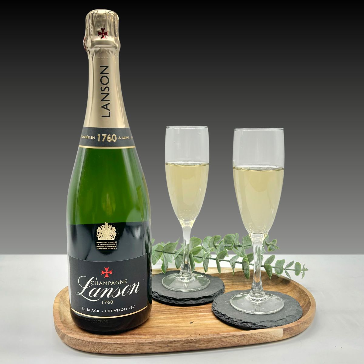 Champagne Lanson Le Black Création 75cl with 2 x Champagne flutes in L ...